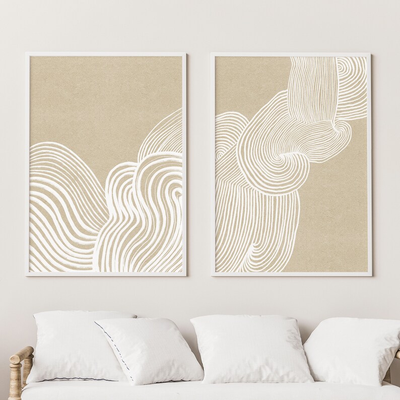Line Art Set of 2 Beige Abstract Print Printable Art | Etsy