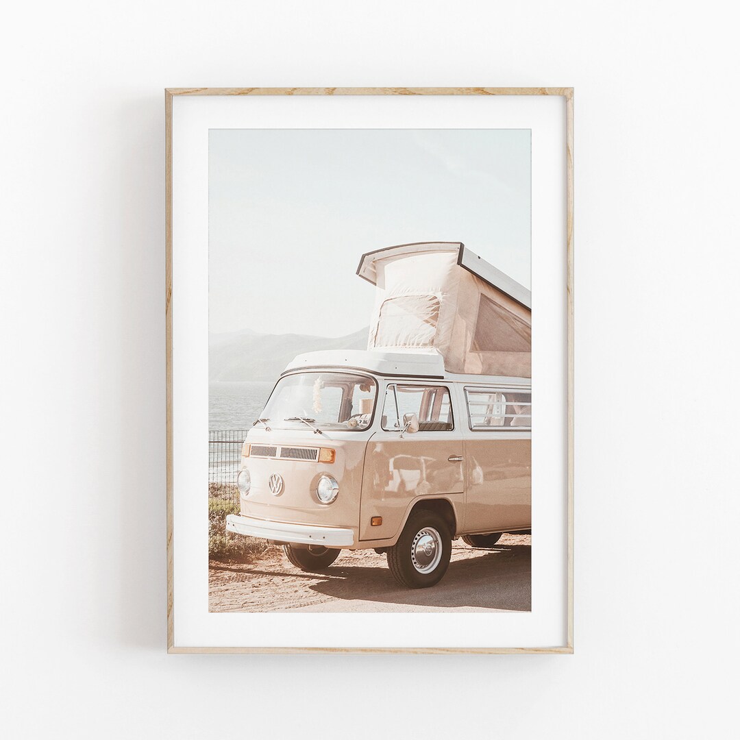 Retro Camper Van Print, VW Camper Art, Bohemian Beige Car Wall Art ...