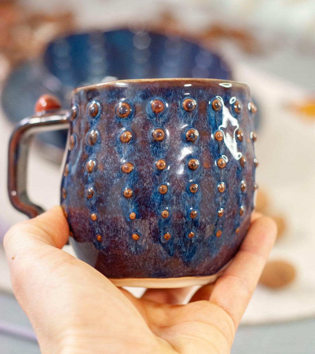 Dark Blue Ceramic Mug With Dots, Ocean Inspired Pottery Coffee Cup ...
