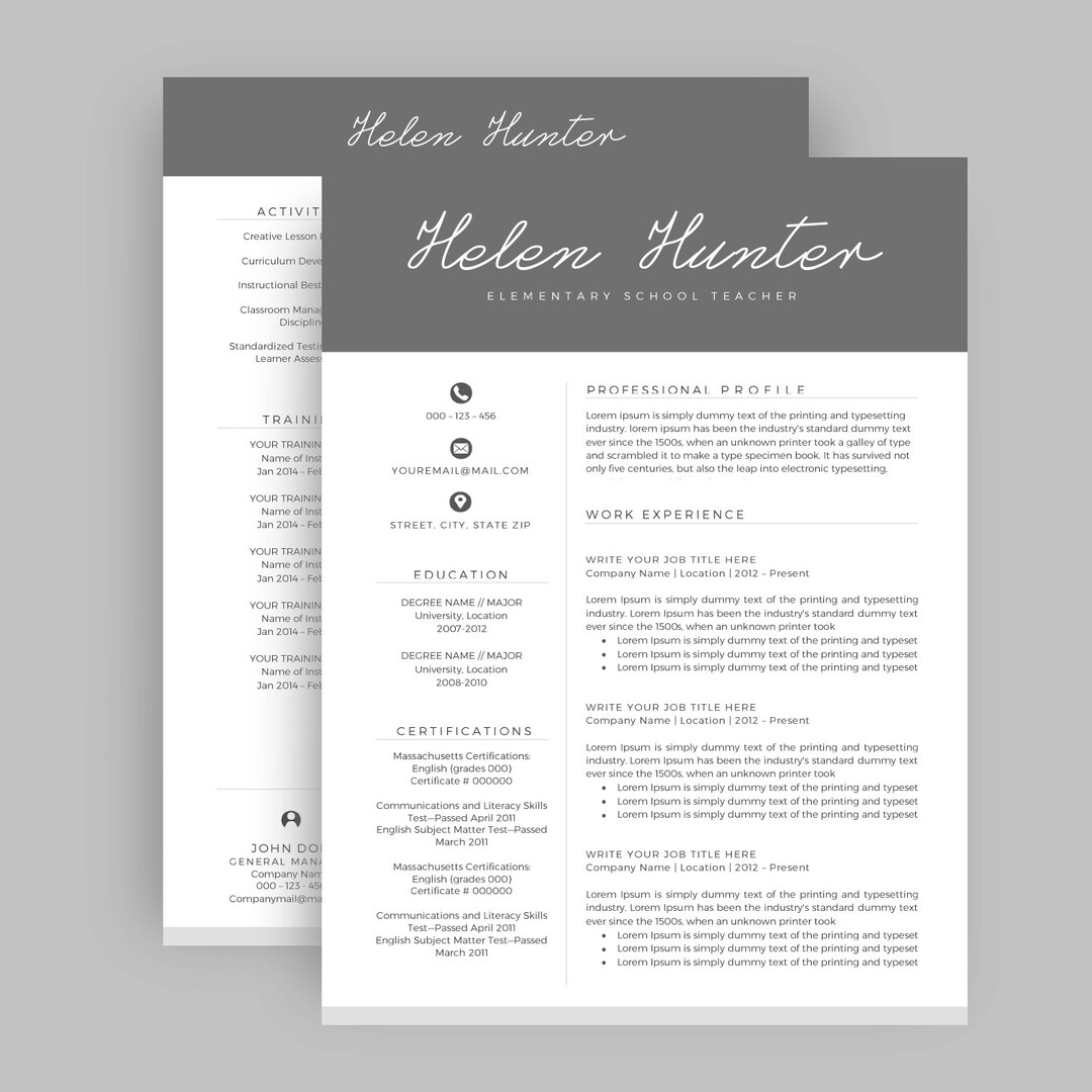 Teacher Resume Template / CV Template for Word, Two Page Resume, Cover ...
