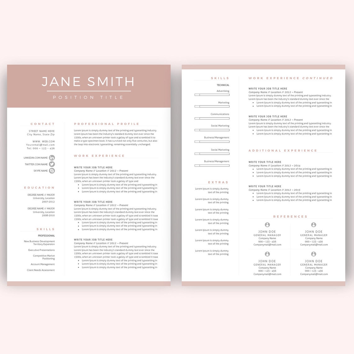 Resume Template / CV Template for Word, Cover Letter, Two Page Resume ...