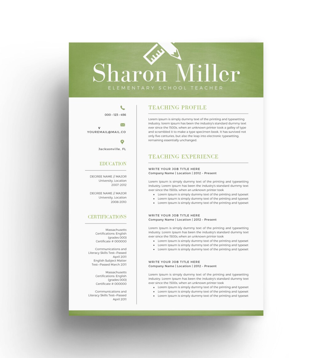 Teacher Resume Template / CV Template for Word, Educator Resume, Two ...