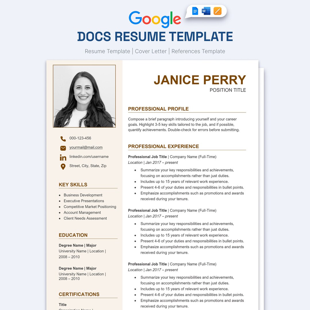 Google Docs Resume Template With Photo, Matching Cover Letter ...