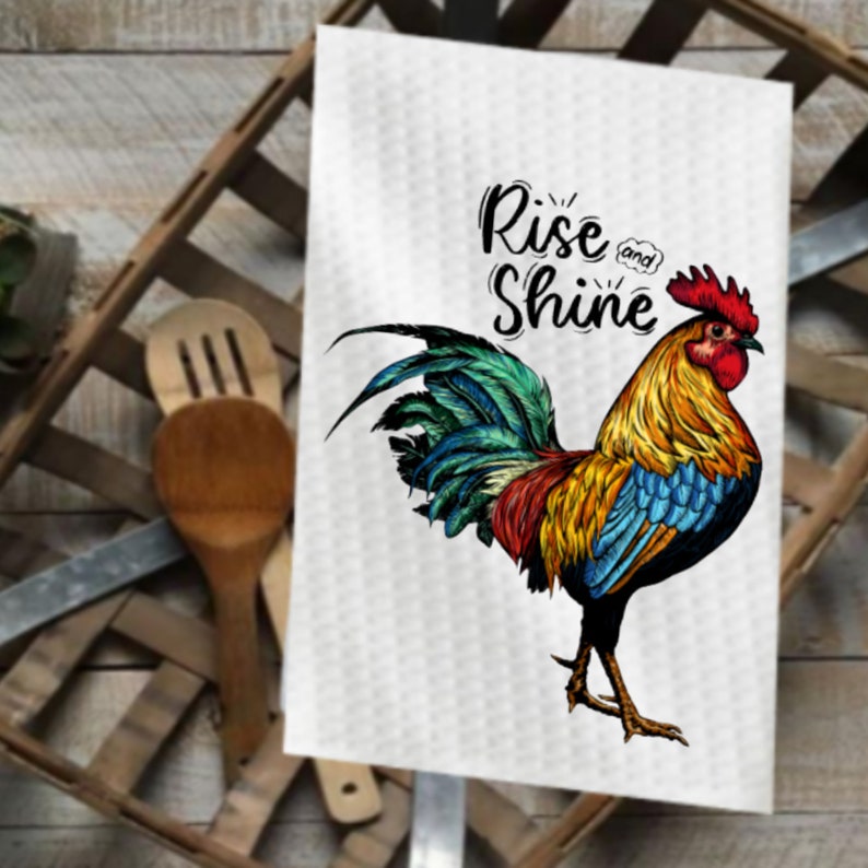 Rise and Shine Rooster Dish Towel 16x24 Rustic Farmhouse Kitchen Decor ...