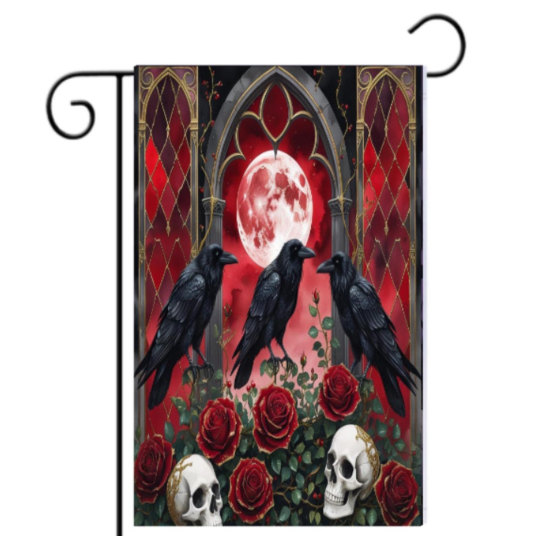 Gothic Raven Garden Flag 12x18 | Blood Moon & Roses Halloween Yard Flag ...