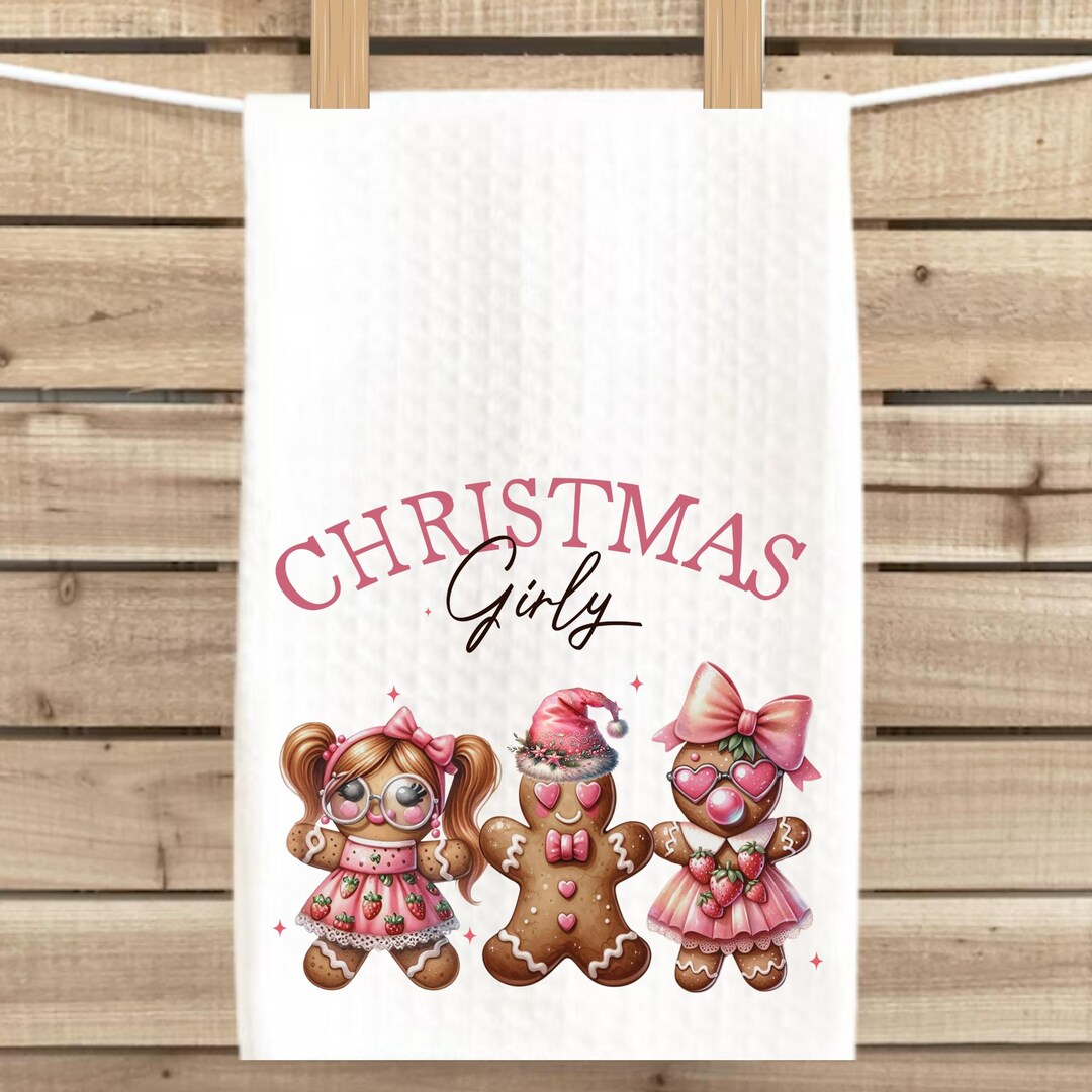 Kitchen Dish Towel Pink Christmas Decor Festive Gingerbread Girl ...