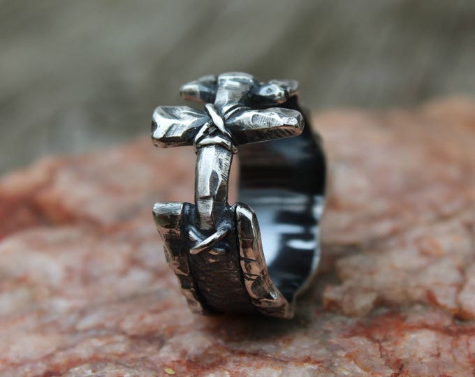 Men's Rustic Ring,silver Cross Ring,sterling Silver Band,christian Ring ...