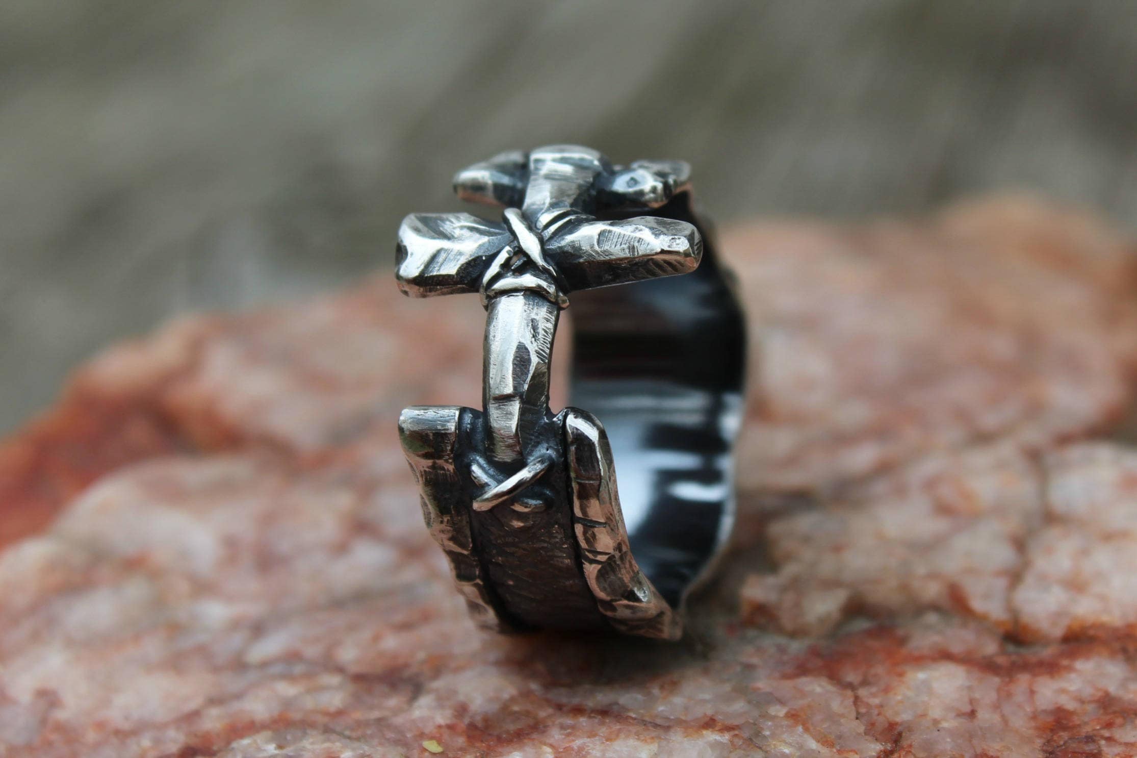 Men's Rustic Ring,silver Cross Ring,sterling Silver Band,christian Ring ...