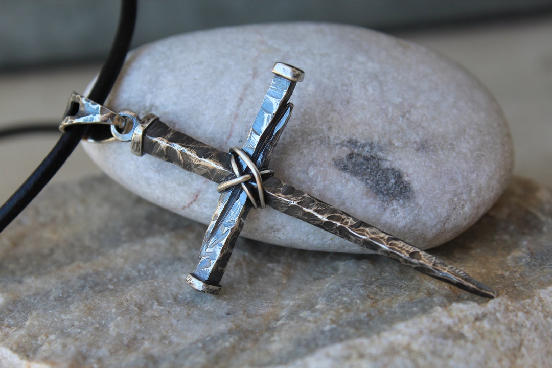 Big Silver Cross Pendant,nail Cross,hammered Cross,rustic Pendant,three ...