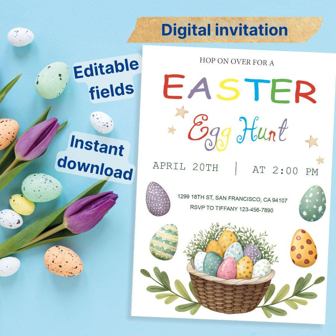 Colorful Easter Egg Hunt Invitation Template, Editable PDF Invite ...