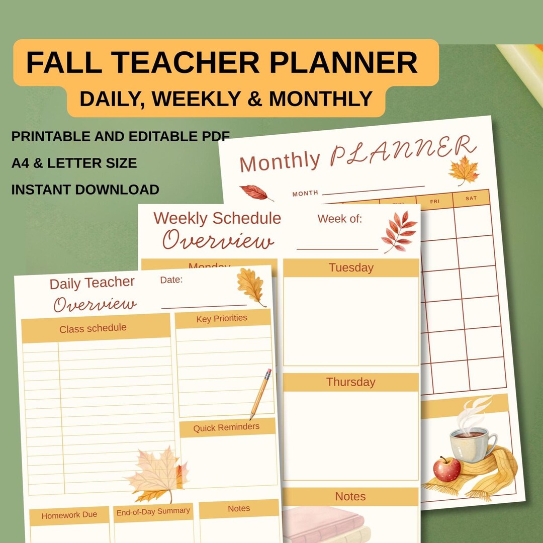 Fall Teacher Planner Set: Daily, Weekly, Monthly (canva Template & PDF ...