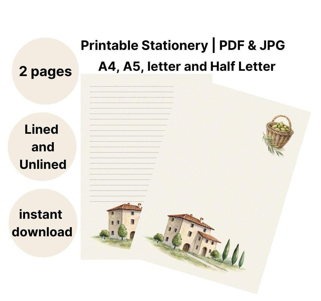 Printable Writing Paper Tuscany Themed Rustic & Elegant Stationery in ...