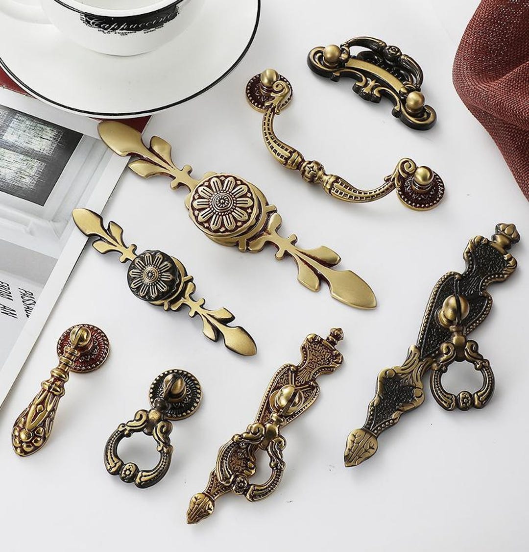 Vintage Baroque Solid Brass Cabinet Pulls Antique Gold Bronze Drop Handles Ornate Rosette Design ...