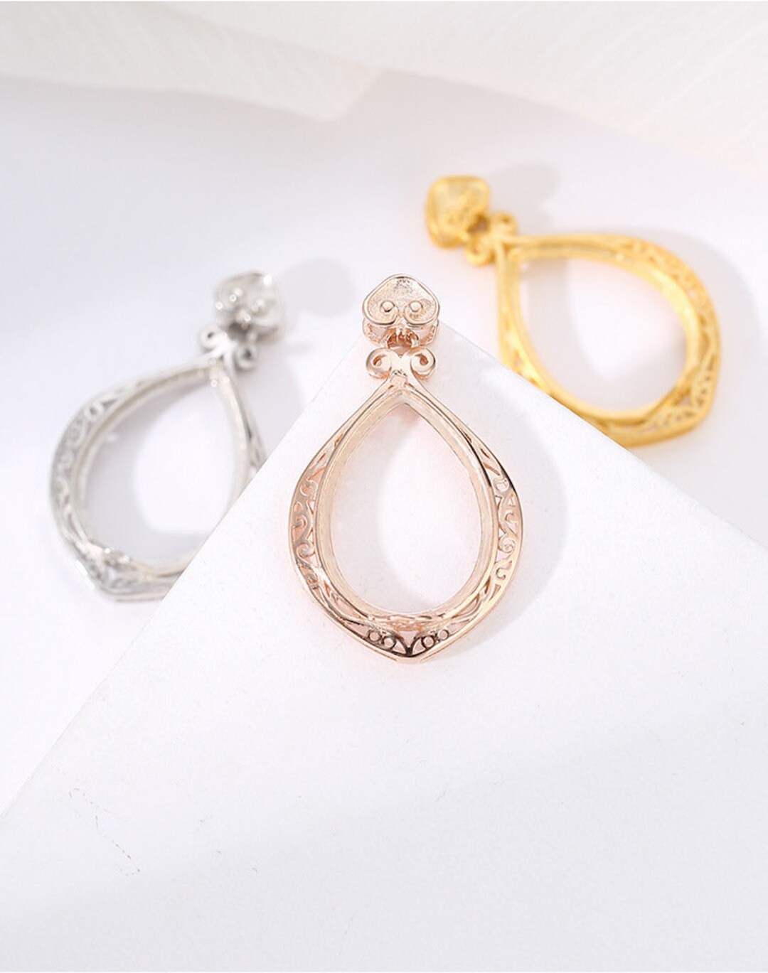 Retro Openwork Teardrop Base Pendant Setting Sterling Silver Gold Fine ...