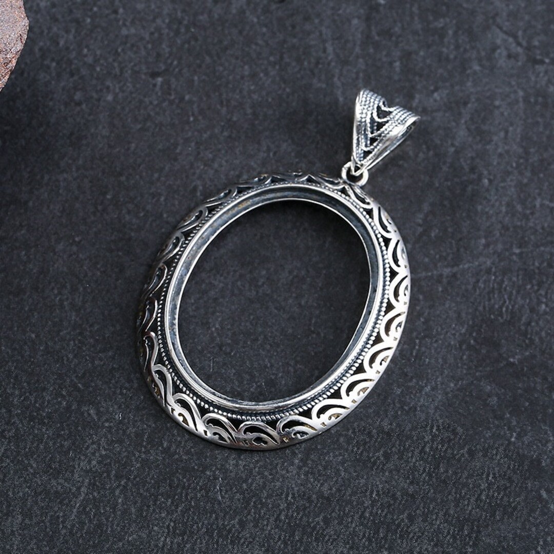 Retro Ethnic Pattern Oval Bezel Pendant Setting Frame Bail Sterling ...