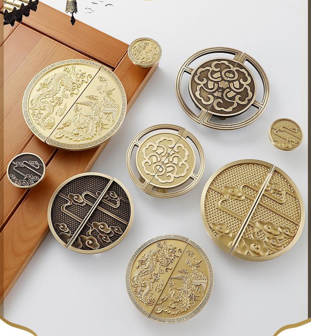 Chinese Antique Solid Brass Cabinet Knobs Brass Round Handles Dragon Phoenix Cloud Motifs ...
