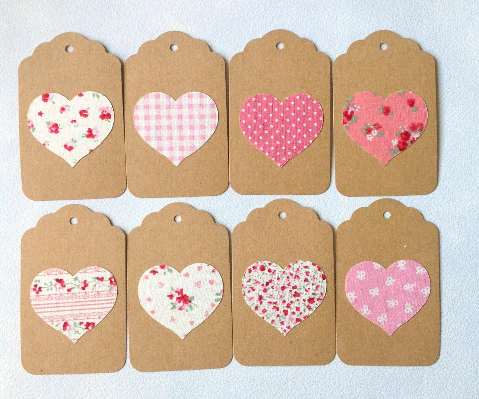 Set of 8 Kraft Pink Hearts Gift Tags, Fabric and Card Handmade Hang ...