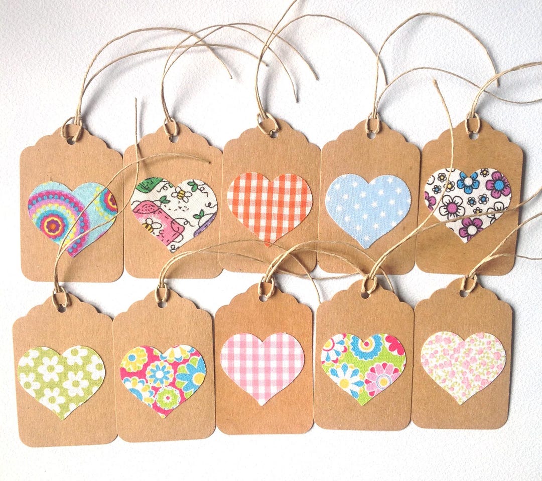 Hearts Gift Tags, Set of 10 Kraft Hang Tags, Fabric and Card Handmade ...
