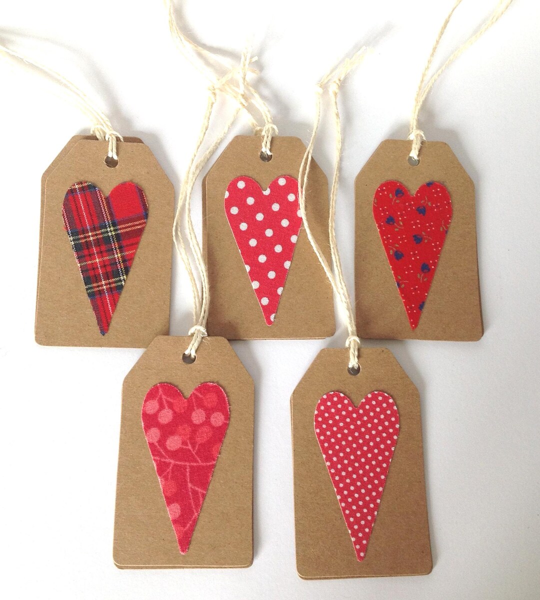 Hearts Gift Tags, Set of 10 Kraft Hang Tags, Fabric and Card Handmade ...