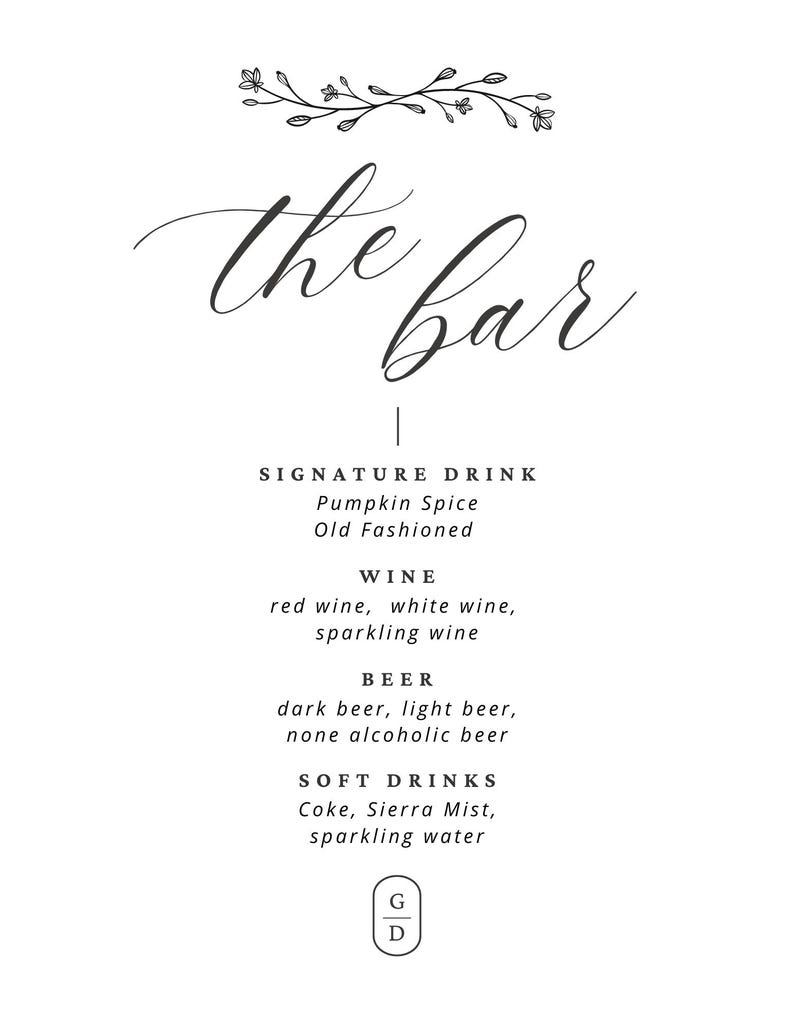 Drinks Sign, Printable Cocktail Bar Menu Template, Instant Download ...