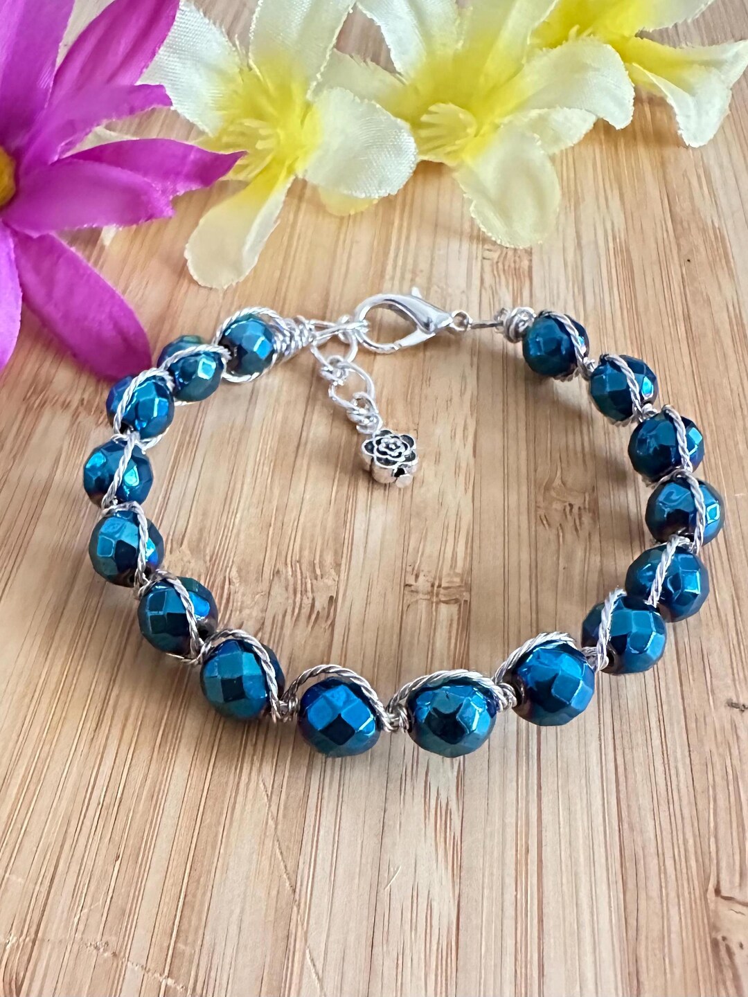 Blue Beaded Bangle Bracelet - Hematite Wire Wrapped Cuff Bracelet ...