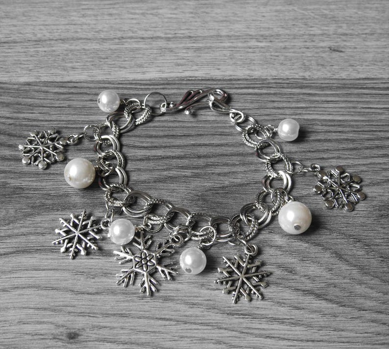 Snowflake Charm Bracelet Pearl Snowball Bracelet Snowflake | Etsy