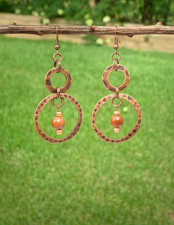 Hammered Copper Hoop Earrings Natural Stone Goldstone Etsy