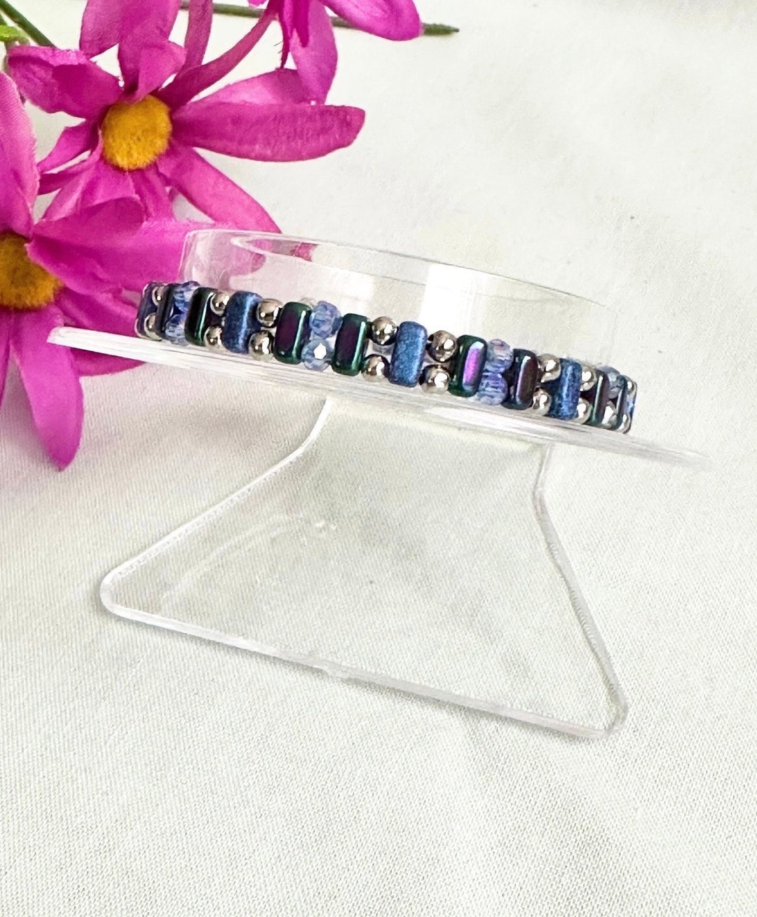 Blue Flat Tile Beadwork Tennis Bracelet - Stackable Layering Jewelry ...