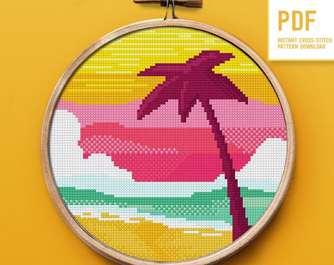 Palm Tree Modern Cross Stitch Pattern Sunset Landscape View Nature ...