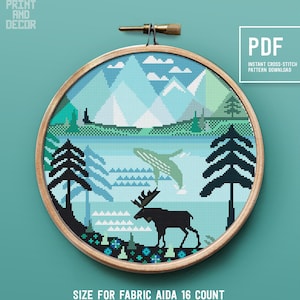 Alaska Modern Cross Stitch Pattern, Mountain Forest Animal National ...