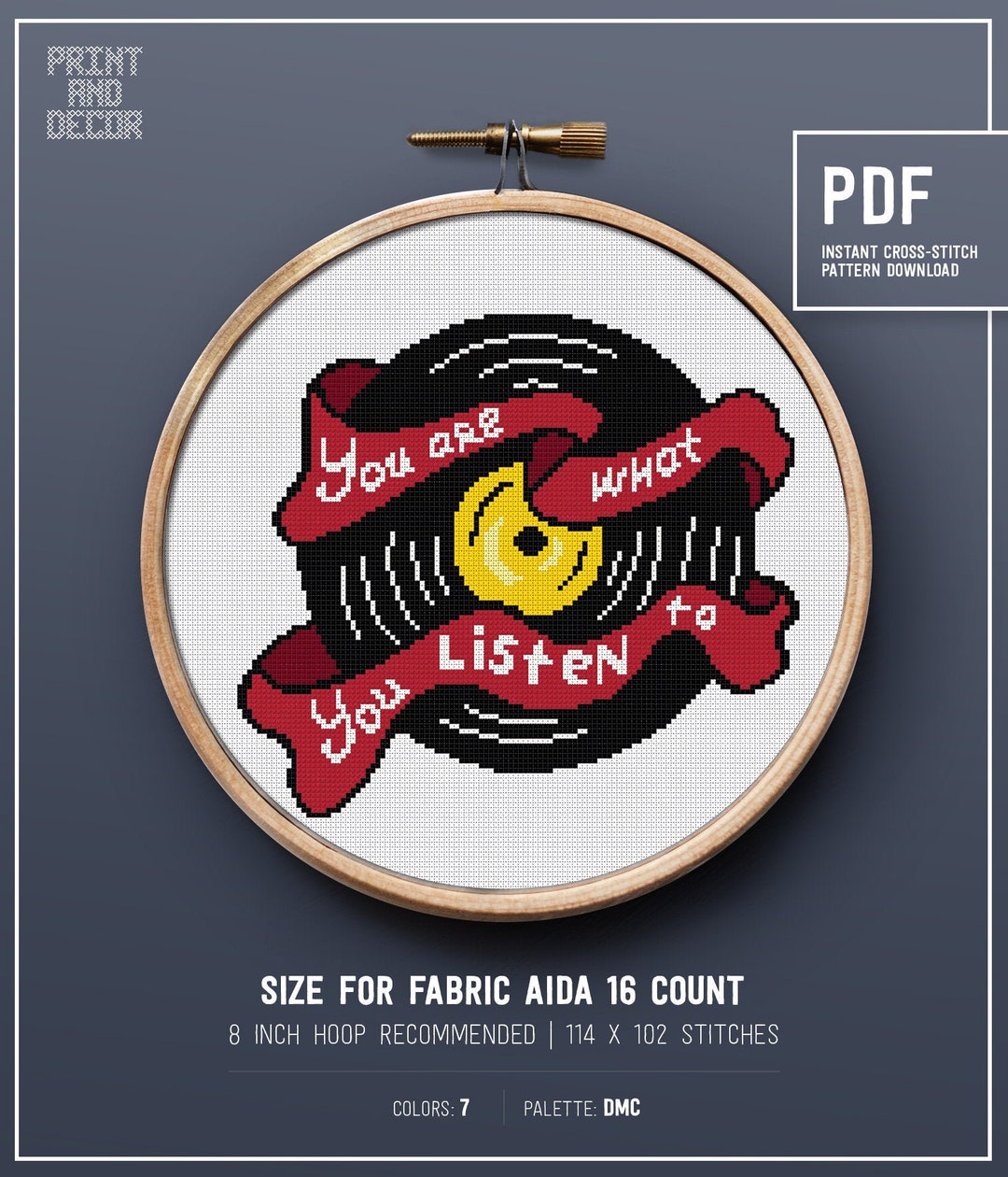Music Theme Cross Stitch Pattern, Vinyl, Instant Download PDF Chart ...