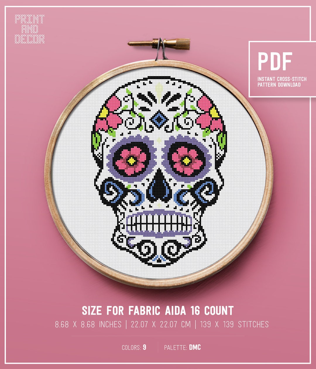 Calavera Cross Stitch Pattern, Colorful Skull Design, Mexico Mask ...