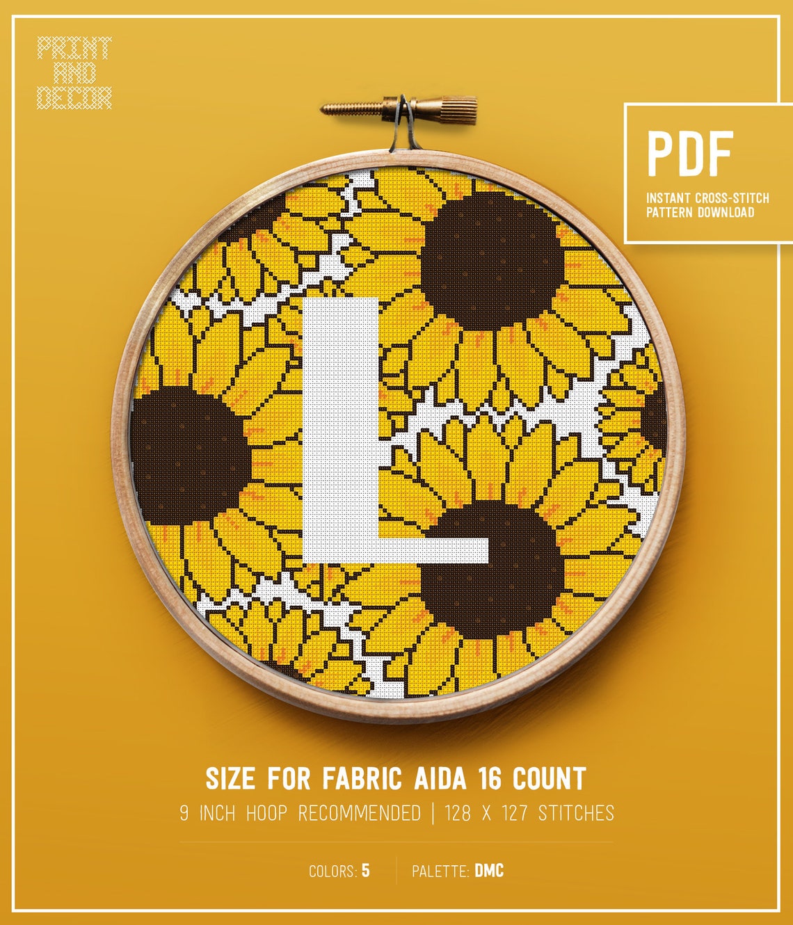 L Monogram Letter Cross Stitch Pattern, Sunflower Alphabet Embroidery ...