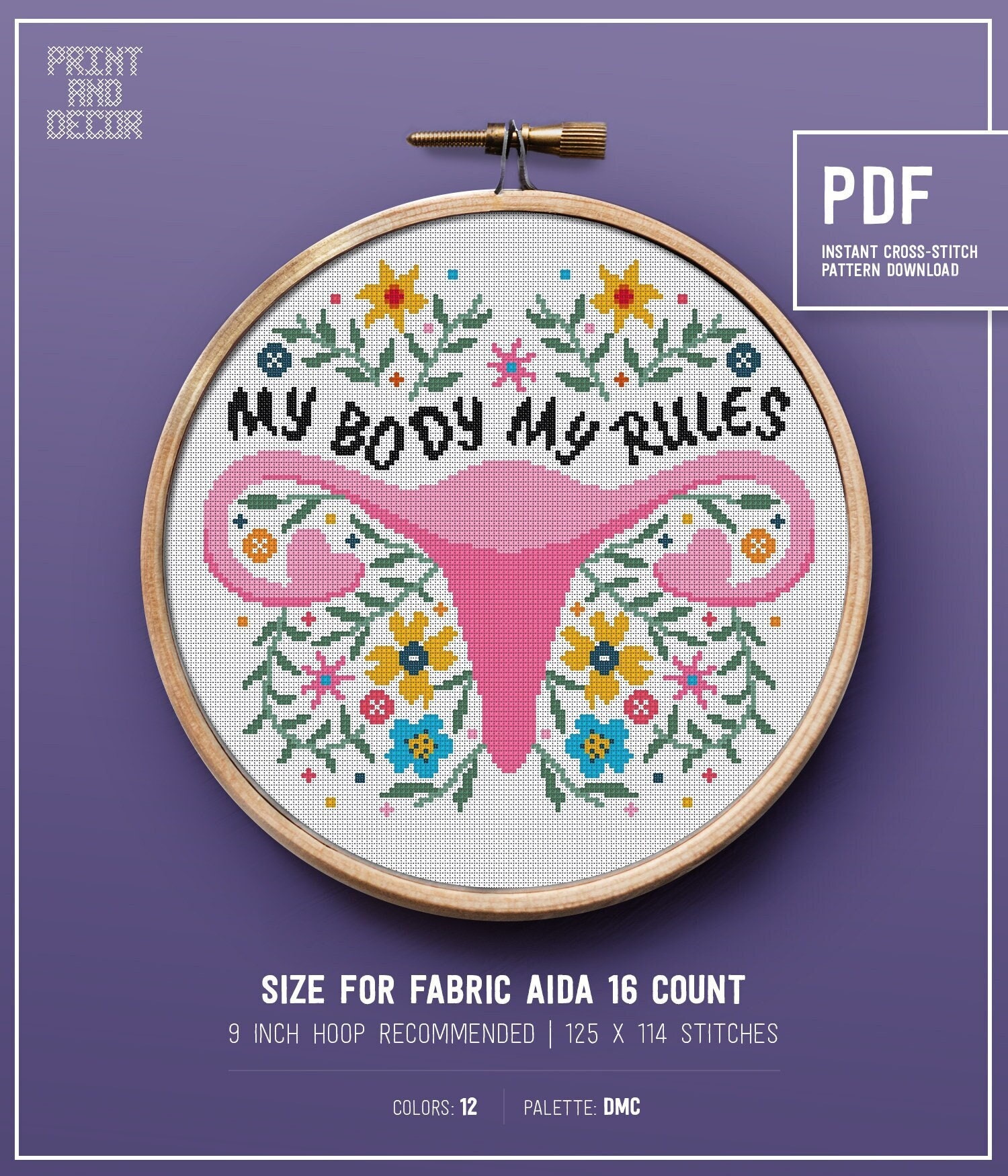 Feminist Cross Stitch Pattern, My Body My Rules, Girl Power Embroidery ...