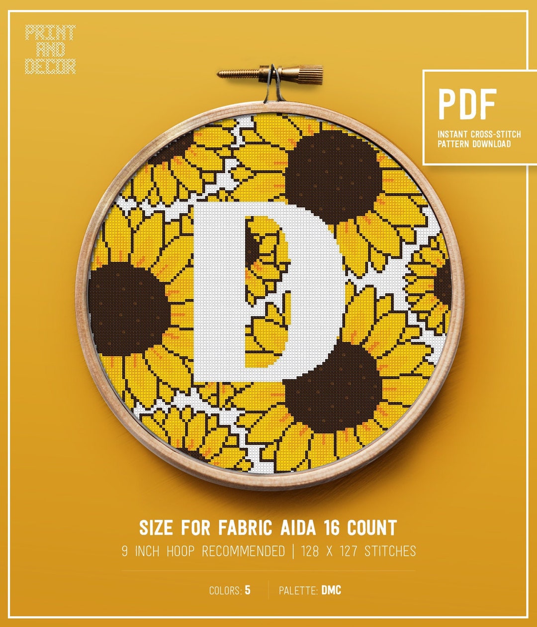 D Monogram Letter Cross Stitch Pattern, Sunflower Alphabet Embroidery ...