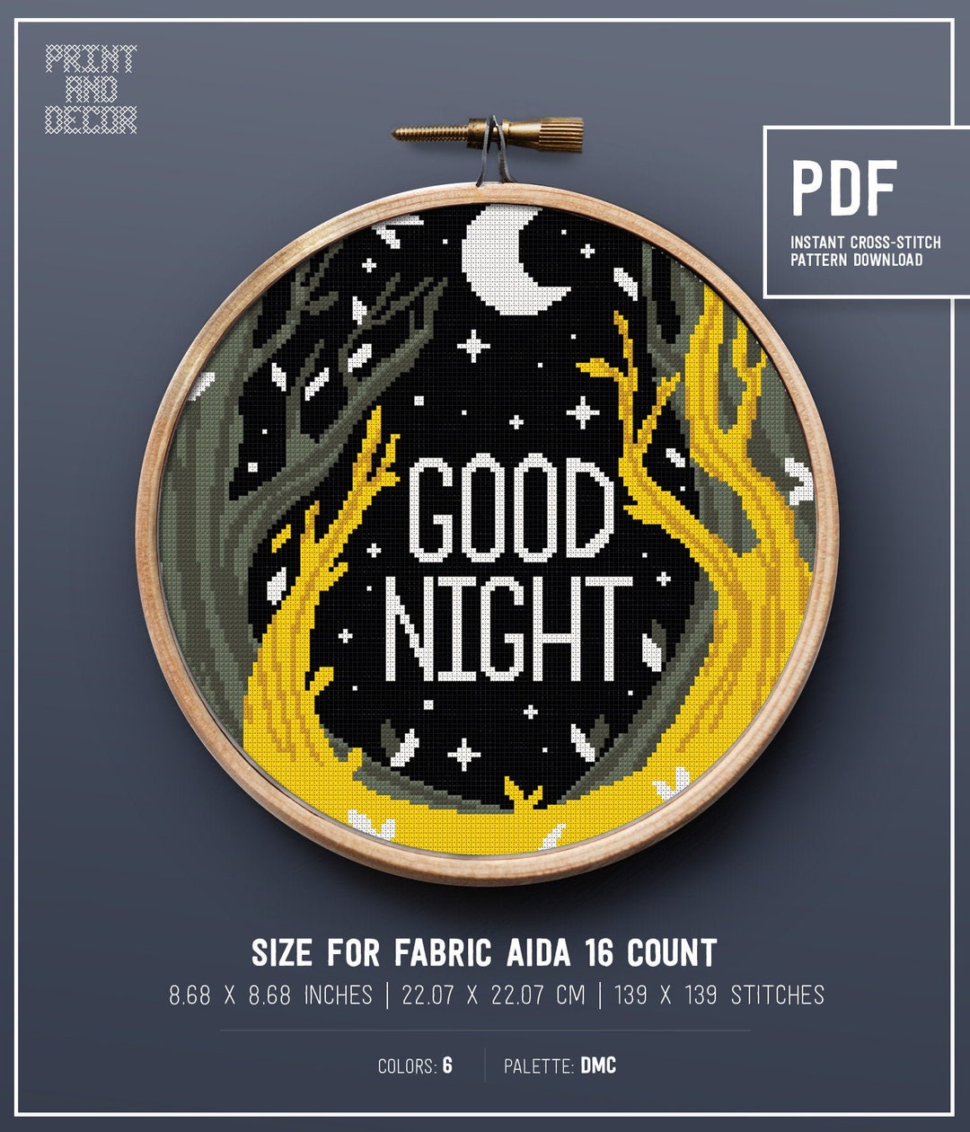 Good Night Cross Stitch Pattern, Starry Night Theme, Embroidery Pattern ...