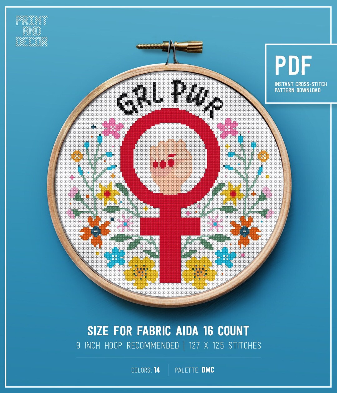 Girl Power Cross Stitch Pattern, Flower Theme, Modern Feminist ...