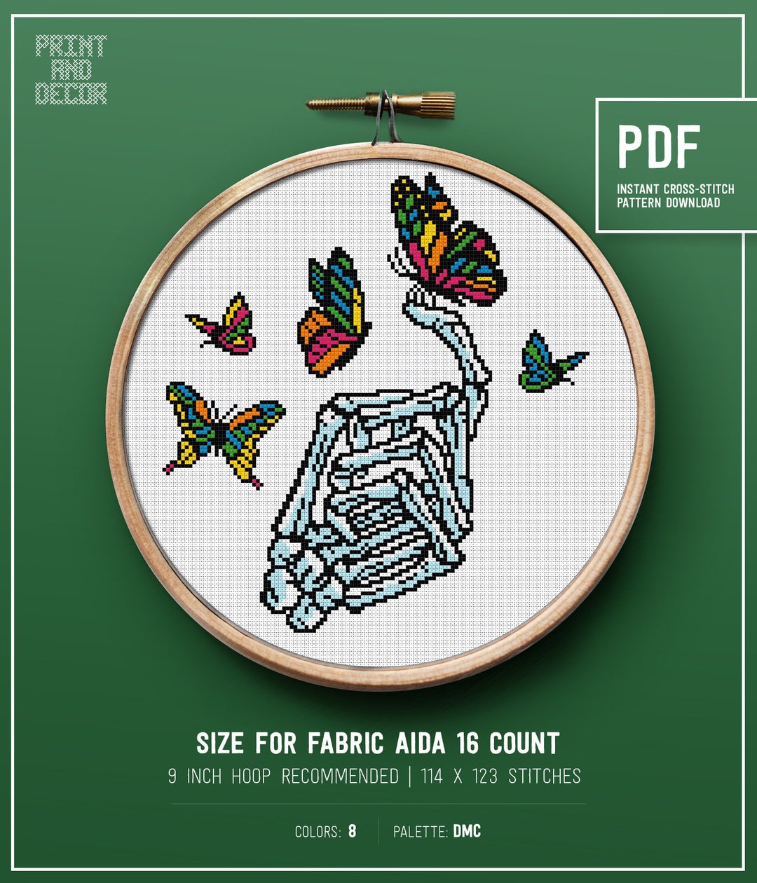 Skeleton Hand Cross Stitch Pattern, Butterfly Theme, Modern Embroidery ...