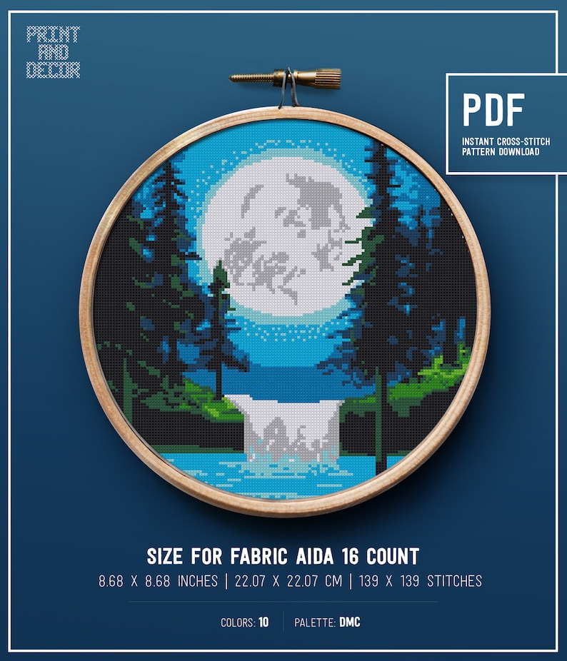 Moonlight Landscape Cross Stitch Pattern Starry night Forest | Etsy