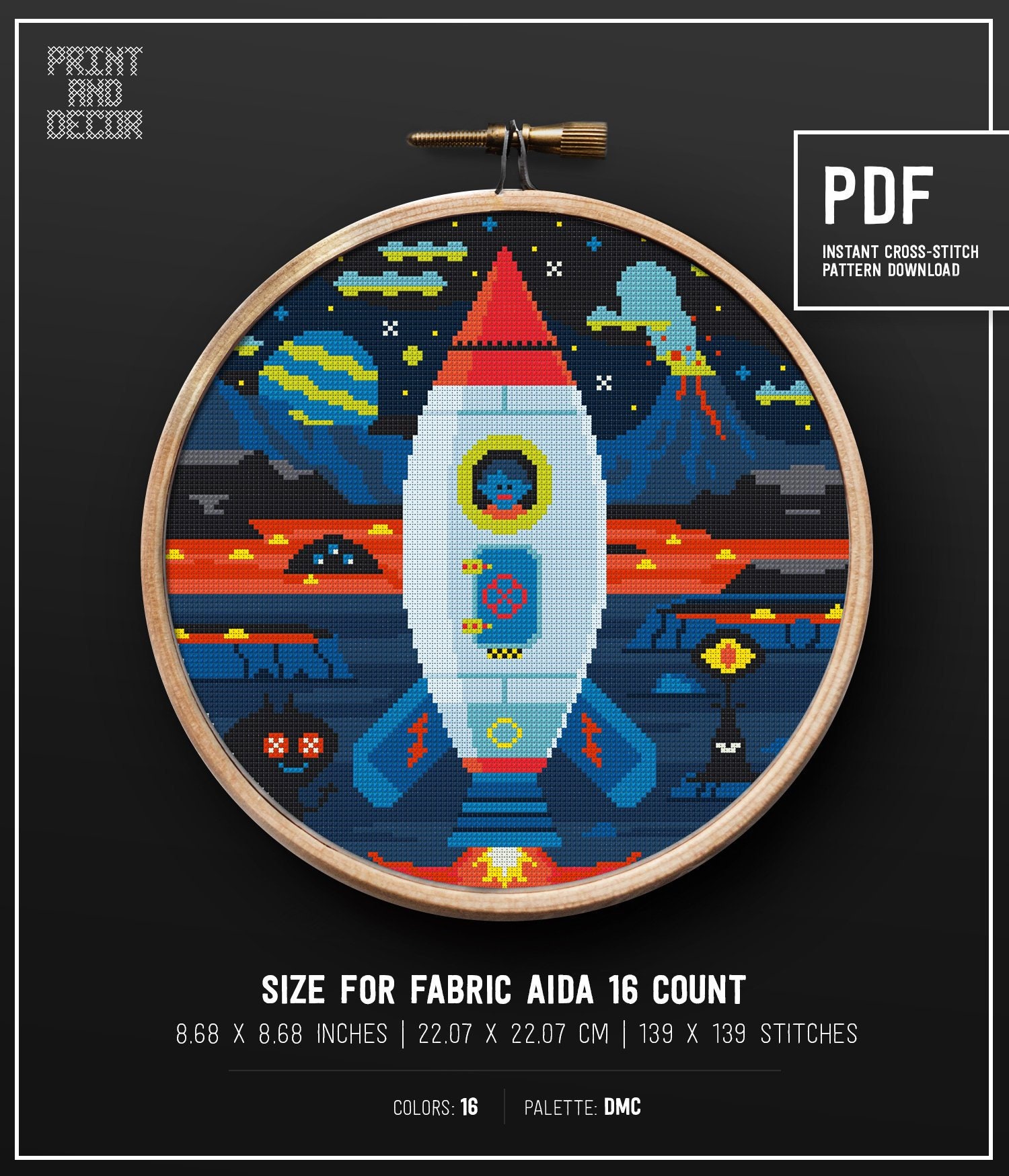 Tutorials Kits & How To Moon Space cross stitch pattern for embroidery ...