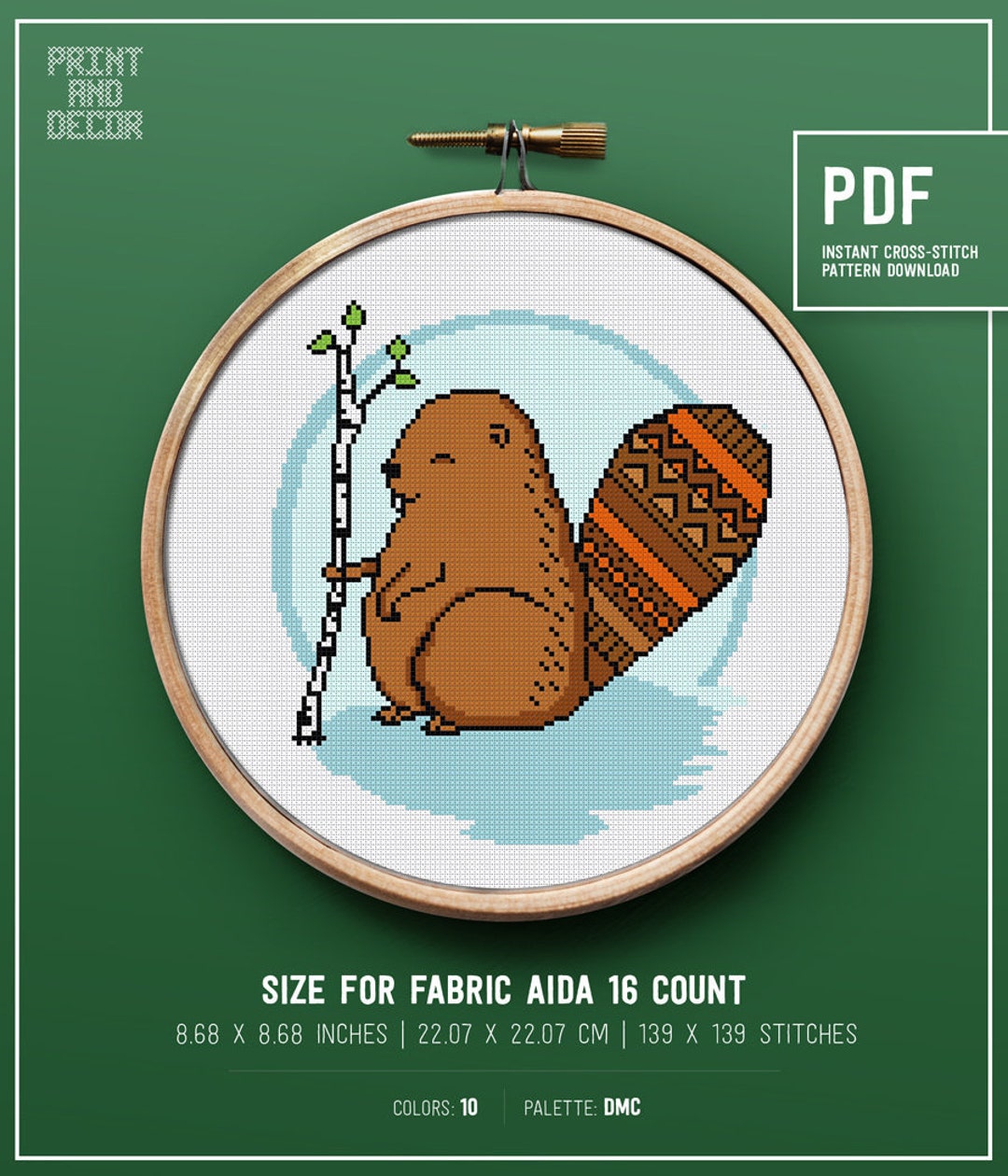 Beaver - Modern Cross Stitch Pattern | Forest Branch Green Tree Animal ...