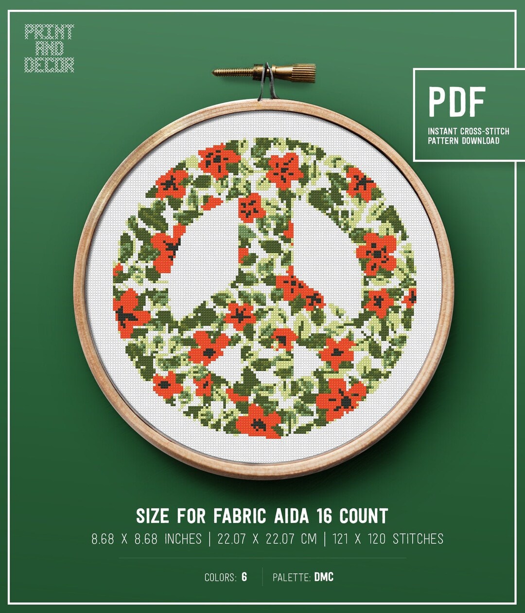 Peace Sign - Modern Cross Stitch Pattern, Flower Theme, Peace and Love ...