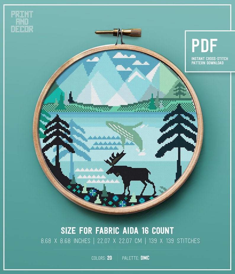 Alaska Modern Cross Stitch Pattern Mountain Forest Animal | Etsy