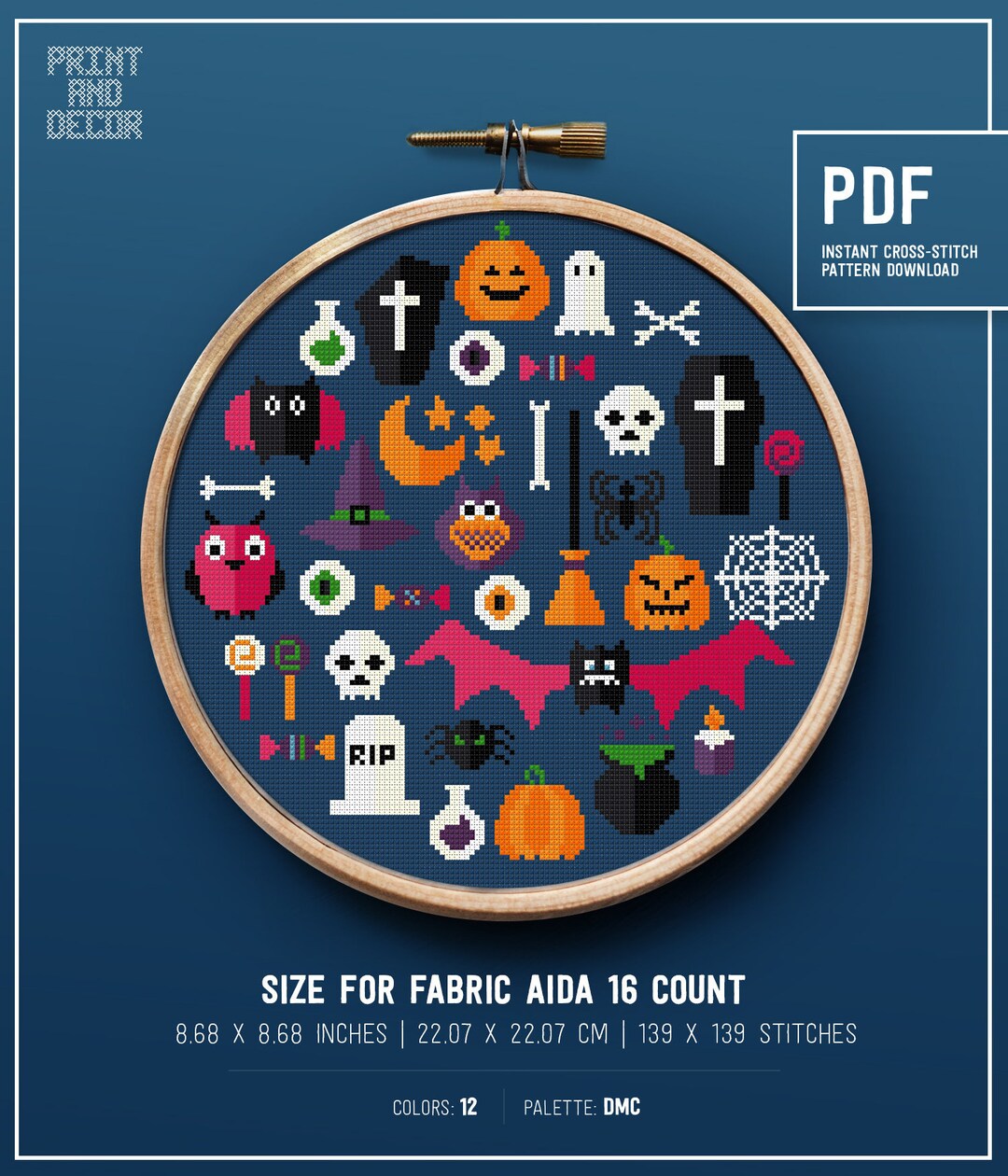 Halloween Theme Modern Cross Stitch Pattern, Mini Cross-stitch ...