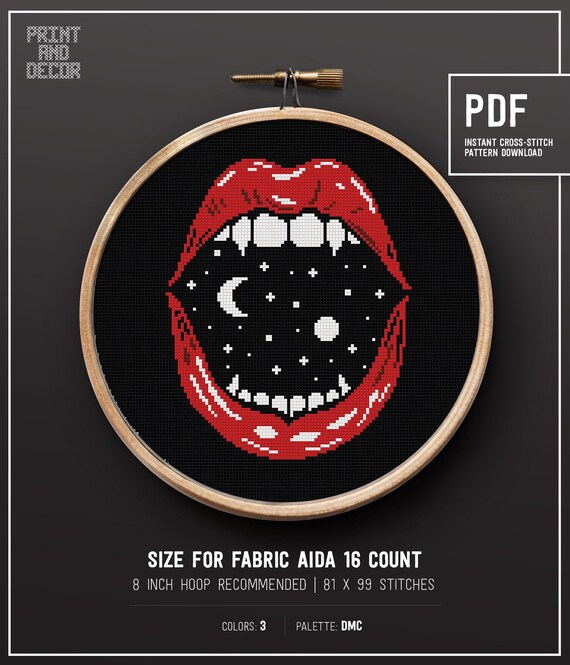 Vampire Cross Stitch Pattern Red Lips Starry Night Theme | Etsy