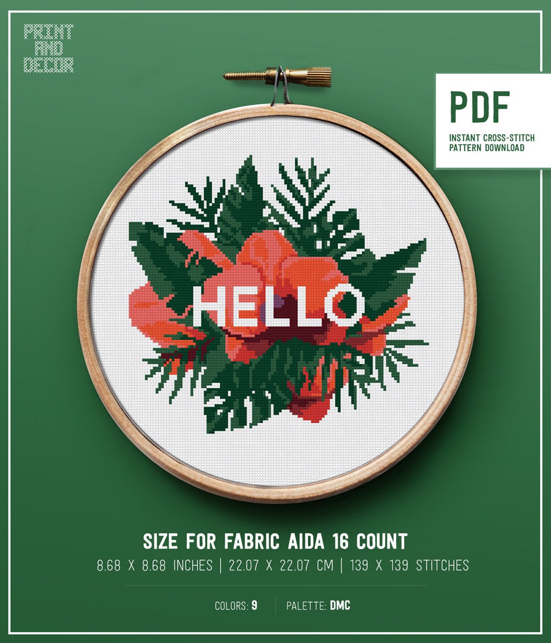 Hello Text Flowers Modern Cross Stitch Pattern | Green Nature Leafs ...