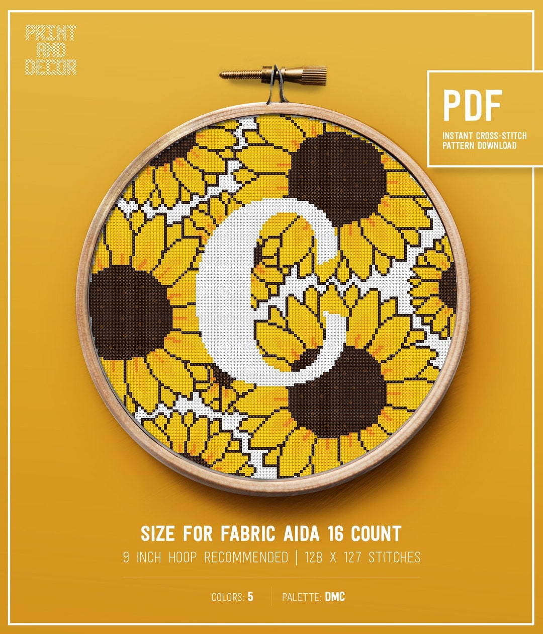 C Letter Cross Stitch Pattern, Sunflower Alphabet Embroidery Project ...