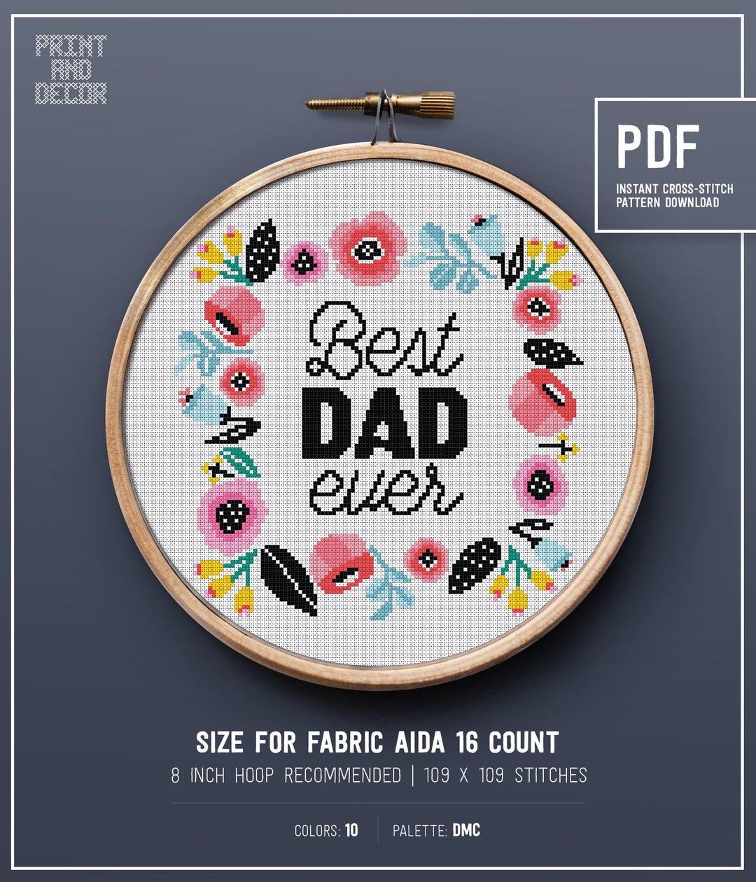 Best Dad Ever Cross Stitch Pattern, Creative Father's Day Gift, Easy ...