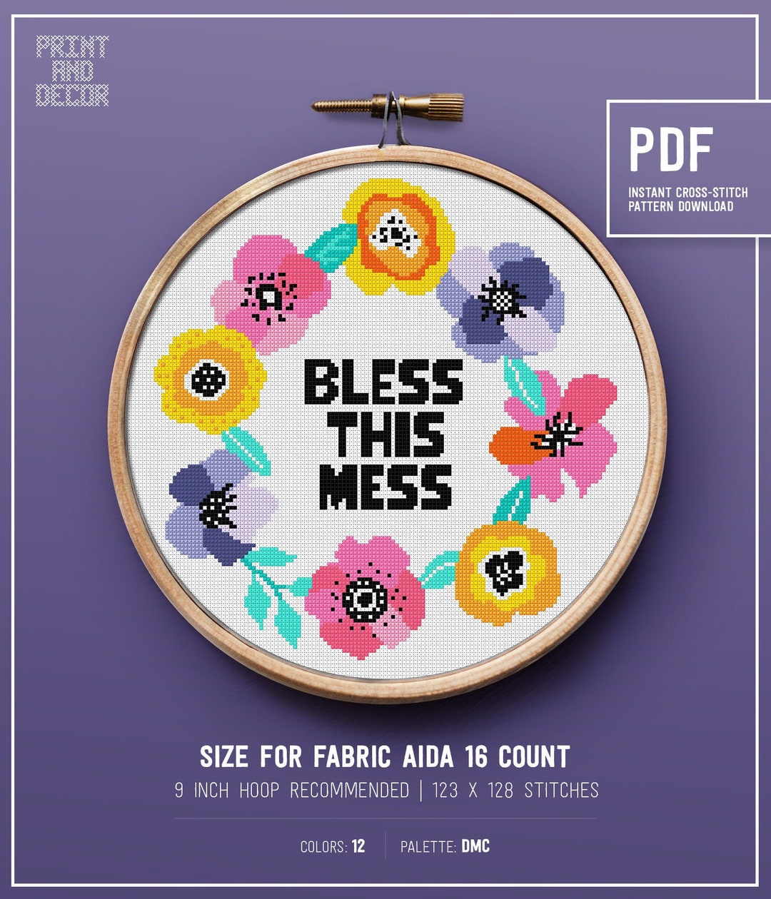Colorful Floral Cross Stitch Pattern, Bless This Mess, Funny Saying ...