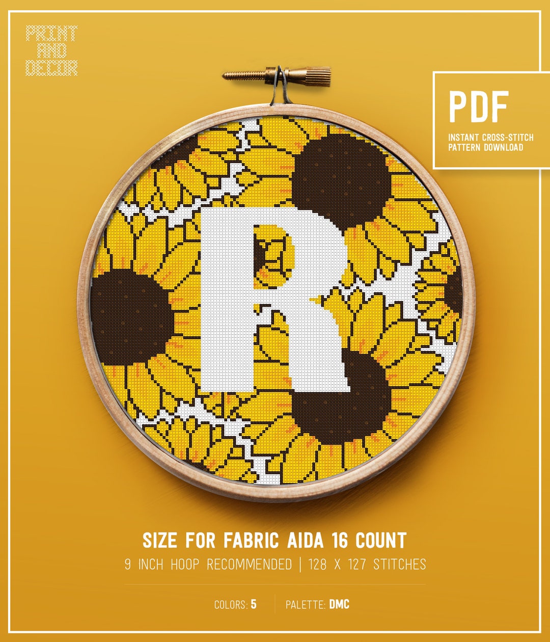 Monogram "r" Letter Cross Stitch Pattern, Sunflower Alphabet Embroidery ...